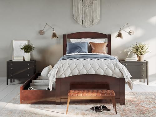 AFI Warren Twin XL Size Platform Bed with Footboard, Storage, & Charging Station in Walnut