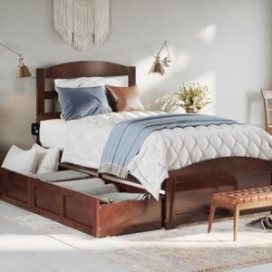 AFI Warren Twin XL Size Platform Bed with Footboard, Storage, & Charging Station in Walnut