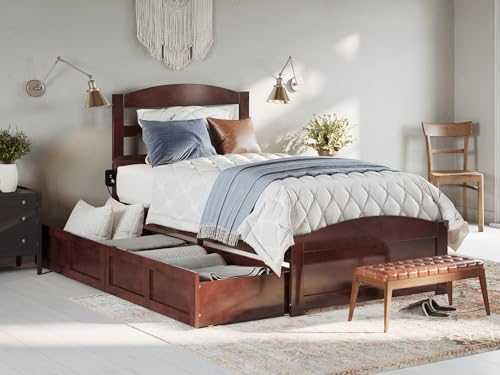 AFI Warren Twin XL Size Platform Bed with Footboard, Storage, & Charging Station in Walnut