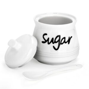 swetwiny ceramic sugar bowl with lid and spoon, 12 ounces porcelain sugar jar sugar dispenser, sugar container for home and kitchen decor (white)