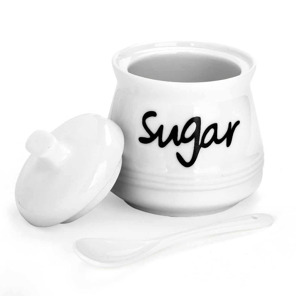 Swetwiny Ceramic Sugar Bowl with Lid and Spoon, 12 Ounces Porcelain Sugar Jar Sugar Dispenser, Sugar Container for Home and Kitchen Decor (White)