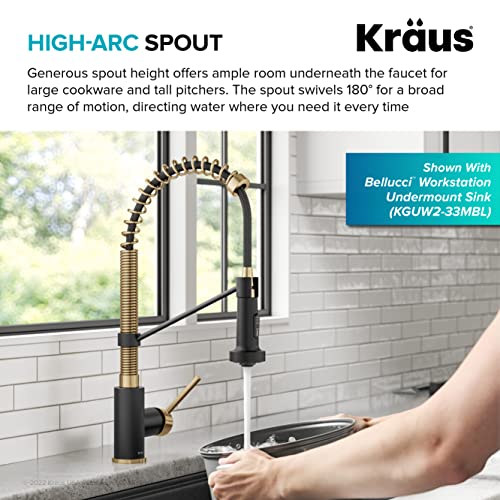 KRAUS Bolden Commercial Style 2-Function Single Handle Pull Down Kitchen Faucet in Brushed Brass/Matte Black, KPF-1610BBMB