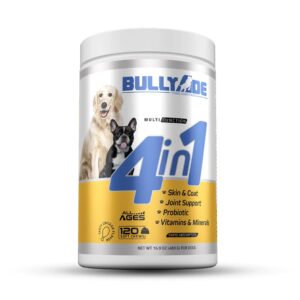 bullyade 4 in 1 - probiotic, joint support, skin & coat, multi-vitamin soft chews for dogs, 16.9 oz