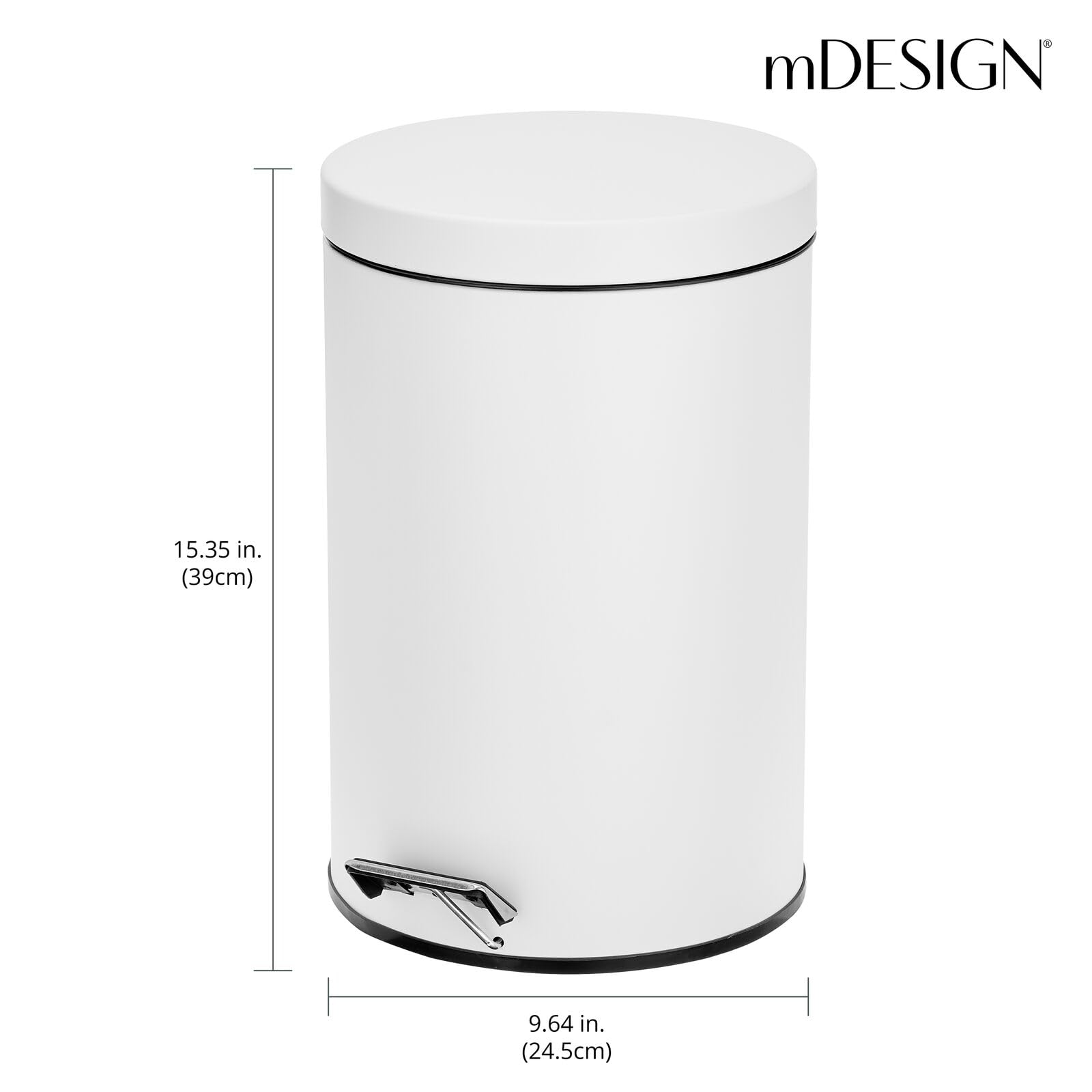 mDesign 3.2 Gallon/12 Liter Round Metal Step Trash Wastebasket, Garbage Container Bin for Bathroom, Powder Room, Bedroom, Kitchen, Craft Room, Office - Removable Liner Bucket - White