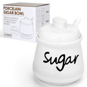 Swetwiny Ceramic Sugar Bowl with Lid and Spoon, 12 Ounces Porcelain Sugar Jar Sugar Dispenser, Sugar Container for Home and Kitchen Decor (White)