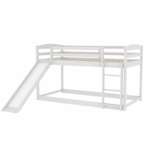 Harper & Bright Designs Bunk Beds Twin Over Twin,Wooden Bunk Bed with Slide, Low Bunk Bed for Kids with Ladder, Floor Bunk Bed Toddler,No Box Spring Needed,White