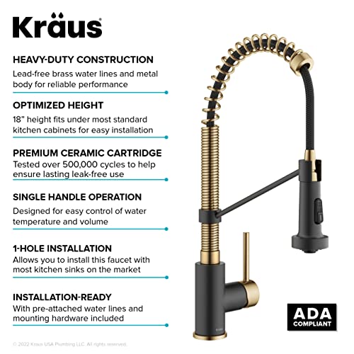 KRAUS Bolden Commercial Style 2-Function Single Handle Pull Down Kitchen Faucet in Brushed Brass/Matte Black, KPF-1610BBMB