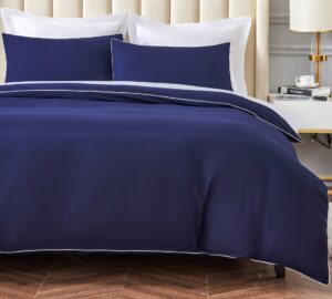 dauaoto duvet cover full/queen set, navy blue microfiber bedding with decorative white piping, 1 zipper closure cover + 2 standard shams