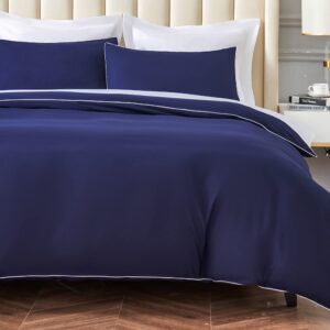 DAUAOTO Duvet Cover Full/Queen Set, Navy Blue Microfiber Bedding with Decorative White Piping, 1 Zipper Closure Cover + 2 Standard Shams