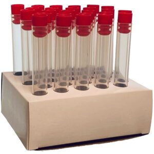 16x125mm plastic test tube set with caps and rack, polypropylene, natural tubes, red caps, and cardboard rack, karter scientific (pack of 25)