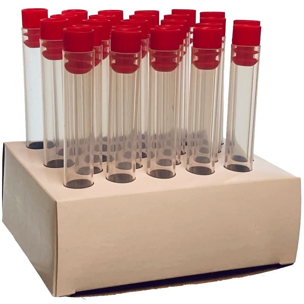 16x125mm Plastic Test Tube Set with Caps and Rack, Polypropylene, Natural Tubes, Red Caps, and Cardboard Rack, Karter Scientific (Pack of 25)