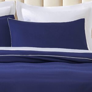 DAUAOTO Duvet Cover Full/Queen Set, Navy Blue Microfiber Bedding with Decorative White Piping, 1 Zipper Closure Cover + 2 Standard Shams