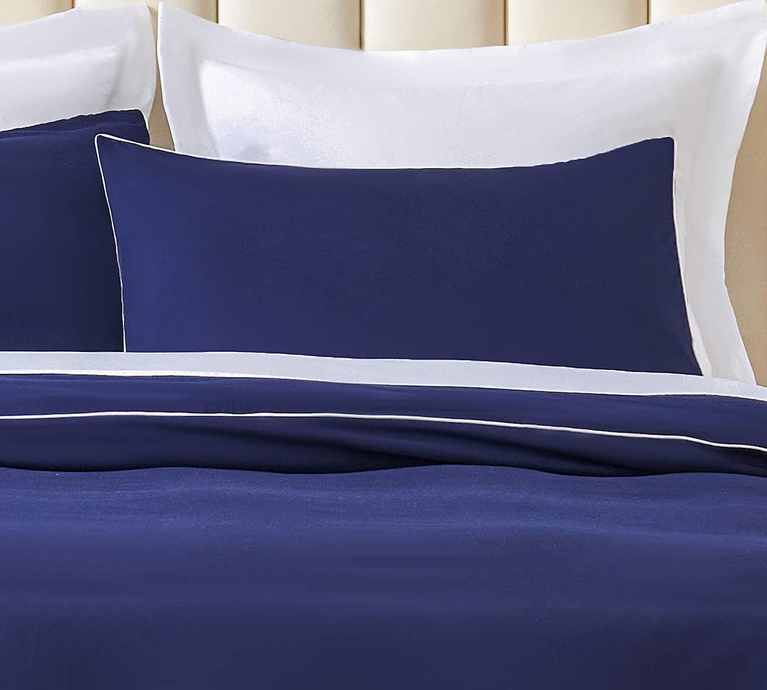 DAUAOTO Duvet Cover Full/Queen Set, Navy Blue Microfiber Bedding with Decorative White Piping, 1 Zipper Closure Cover + 2 Standard Shams