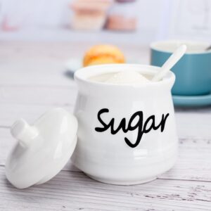 Swetwiny Ceramic Sugar Bowl with Lid and Spoon, 12 Ounces Porcelain Sugar Jar Sugar Dispenser, Sugar Container for Home and Kitchen Decor (White)