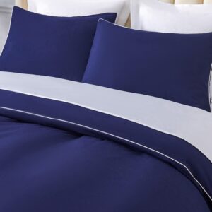 DAUAOTO Duvet Cover Full/Queen Set, Navy Blue Microfiber Bedding with Decorative White Piping, 1 Zipper Closure Cover + 2 Standard Shams