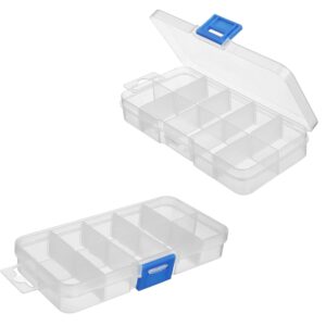 juvielich 2pcs clear plastic organizer box, 10 grids storage container jewelry box with adjustable dividers, for beads art diy crafts jewelry fishing tackles 5.2"x2.68"x0.91"(lxwxh)