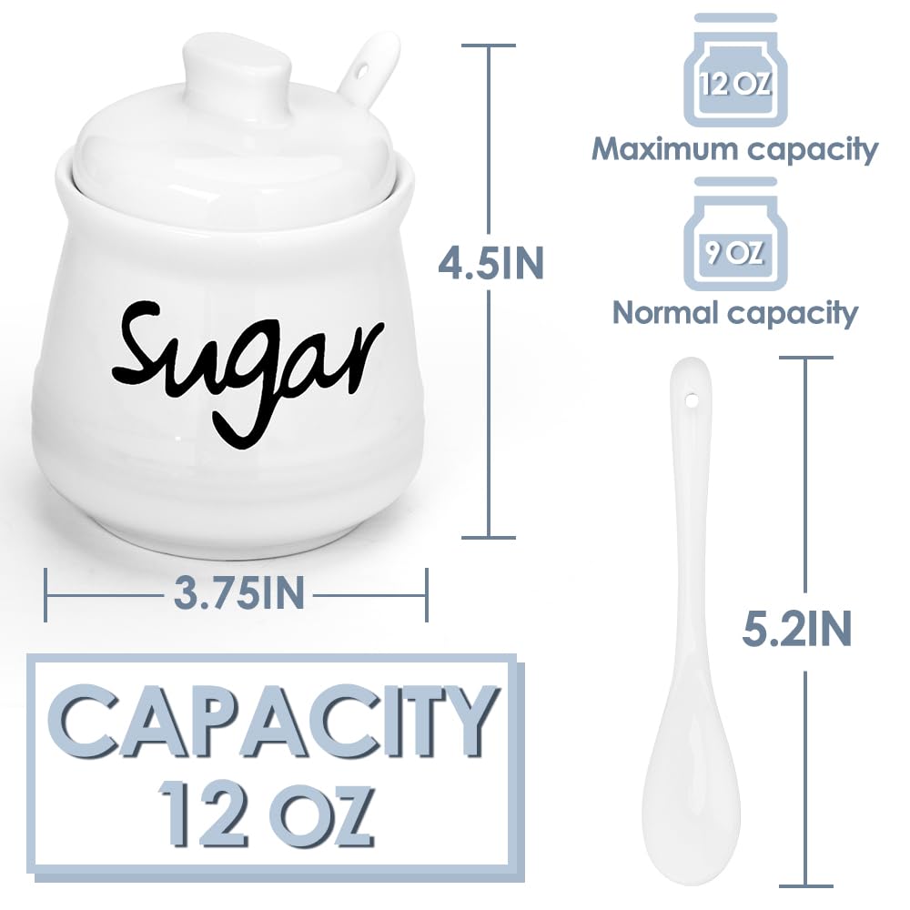 Swetwiny Ceramic Sugar Bowl with Lid and Spoon, 12 Ounces Porcelain Sugar Jar Sugar Dispenser, Sugar Container for Home and Kitchen Decor (White)