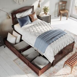 AFI Warren Twin XL Size Platform Bed with Footboard, Storage, & Charging Station in Walnut