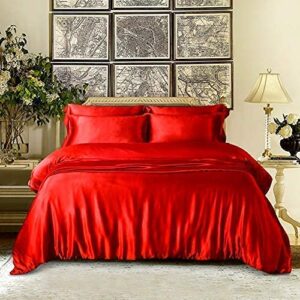 Ultra Soft Silk Like Satin 3 Piece Bedding Red Duvet Cover Set (Duvet Cover + 2 Pillow Cases) Zipper Closure Soft Breathable Full