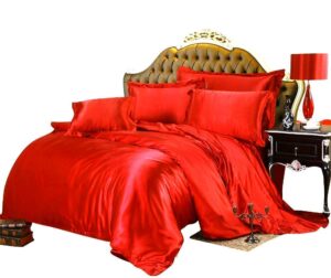 ultra soft silk like satin 3 piece bedding red duvet cover set (duvet cover + 2 pillow cases) zipper closure soft breathable full