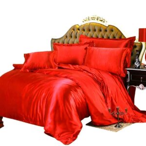 Ultra Soft Silk Like Satin 3 Piece Bedding Red Duvet Cover Set (Duvet Cover + 2 Pillow Cases) Zipper Closure Soft Breathable Full