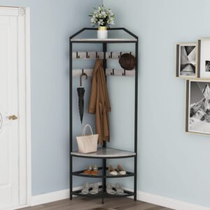 GiftGo Grey Corner Hall Tree with Shoe Bench Entryway Coat Rack with 10 Metal Movable Hooks Rustic Farmhouse Floorstanding Clothes Rack Shoes Shelf Organizer for Home Office Bedroom (Greige)