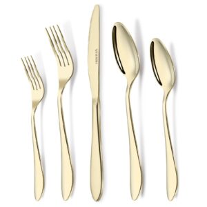 vivani islay champagne gold silverware set for 8, 40 piece flatware set, stainless steel utensils set, kitchen cutlery set, mirror finish, dishwasher safe