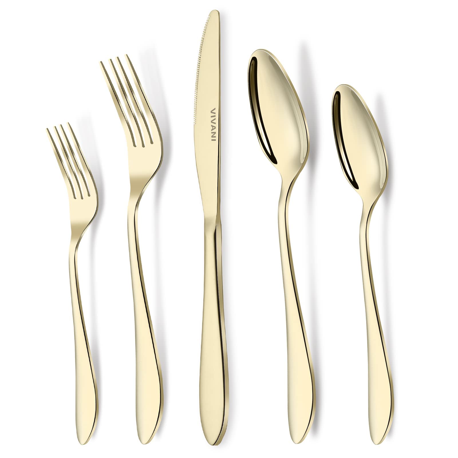 VIVANI Islay Champagne Gold Silverware Set for 8, 40 Piece Flatware Set, Stainless Steel Utensils Set, Kitchen Cutlery Set, Mirror Finish, Dishwasher Safe