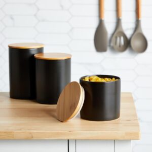 Farmlyn Creek Set of 3 Matte Black Kitchen Canister with Airtight Wooden Bamboo Lids, Kitchen Counter Containers, Food Storage Jars, Ideal for Storing Sugar, Coffee and Other Dry Goods, (3 Sizes)