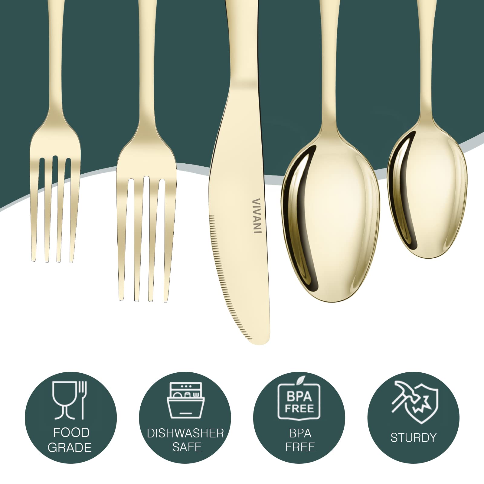 VIVANI Islay Champagne Gold Silverware Set for 8, 40 Piece Flatware Set, Stainless Steel Utensils Set, Kitchen Cutlery Set, Mirror Finish, Dishwasher Safe