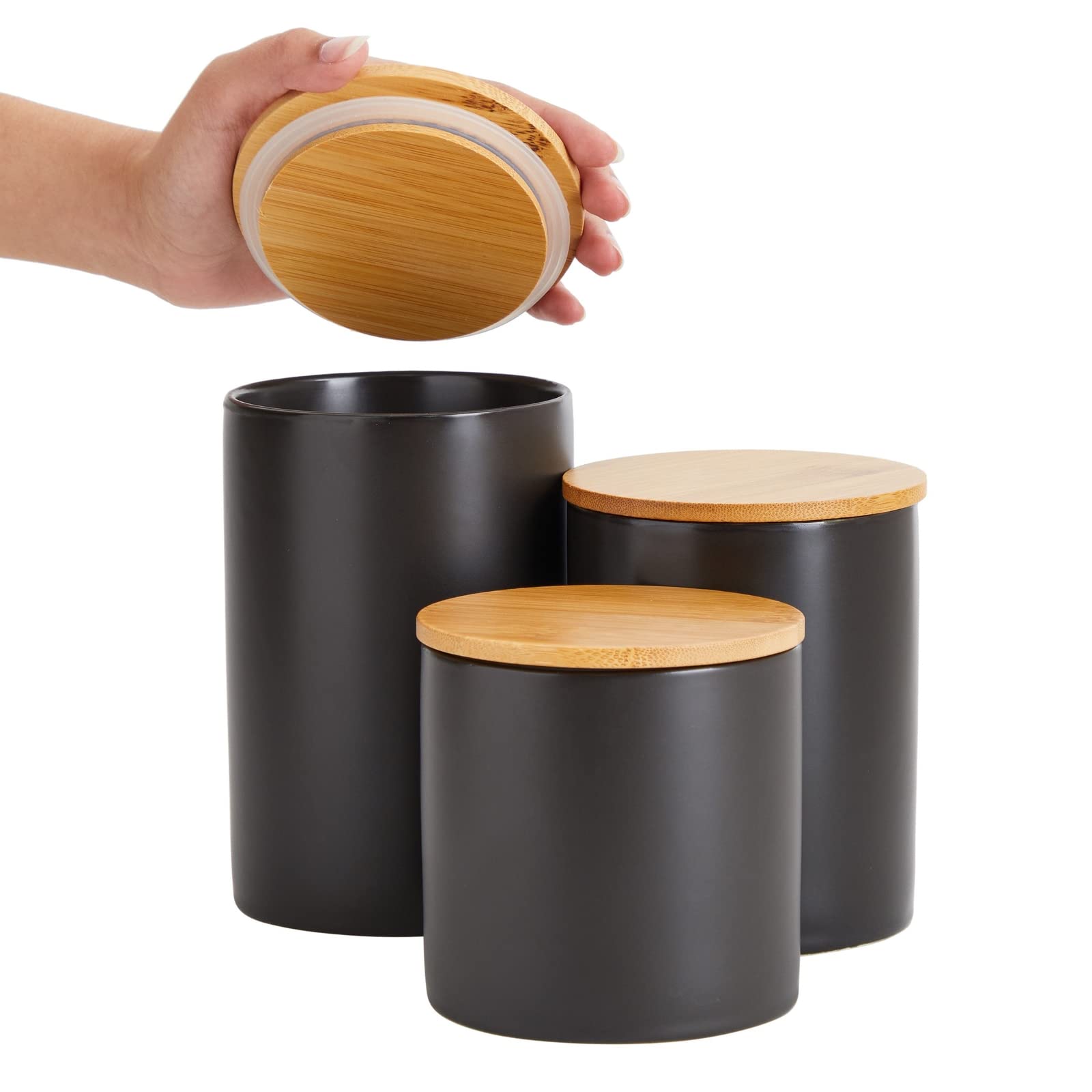 Farmlyn Creek Set of 3 Matte Black Kitchen Canister with Airtight Wooden Bamboo Lids, Kitchen Counter Containers, Food Storage Jars, Ideal for Storing Sugar, Coffee and Other Dry Goods, (3 Sizes)