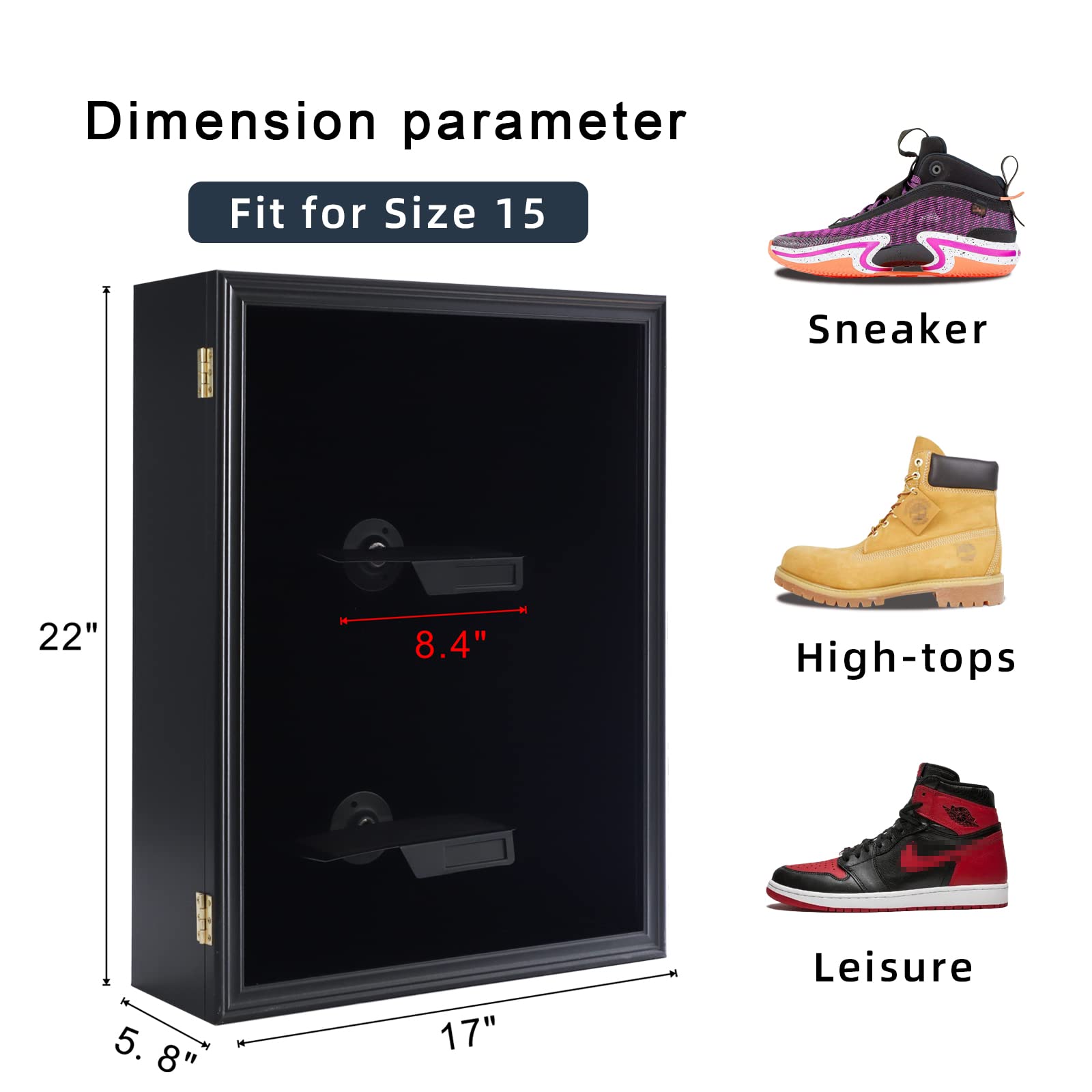 COMSREV Memorabilia Shoe Display Case Wooden Frame Wall Mount Acrylic Clear Door Sneaker Cabinet Containers Storage Shelves Boxes 98% UV Protection Lockable（Double Shoe-Black）