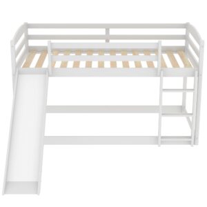 Harper & Bright Designs Bunk Beds Twin Over Twin,Wooden Bunk Bed with Slide, Low Bunk Bed for Kids with Ladder, Floor Bunk Bed Toddler,No Box Spring Needed,White