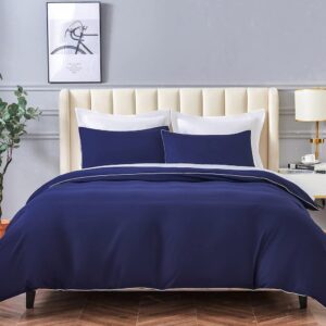 DAUAOTO Duvet Cover Full/Queen Set, Navy Blue Microfiber Bedding with Decorative White Piping, 1 Zipper Closure Cover + 2 Standard Shams