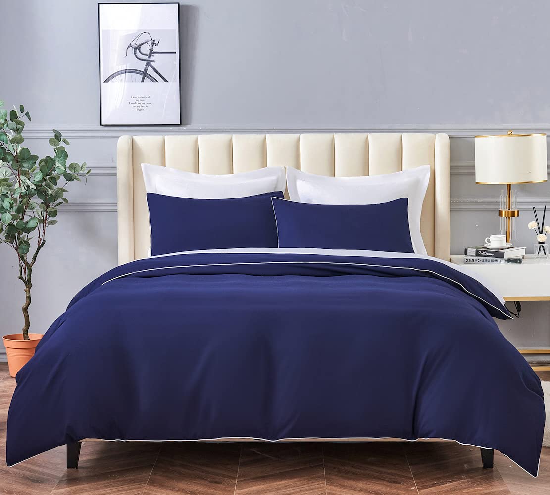 DAUAOTO Duvet Cover Full/Queen Set, Navy Blue Microfiber Bedding with Decorative White Piping, 1 Zipper Closure Cover + 2 Standard Shams