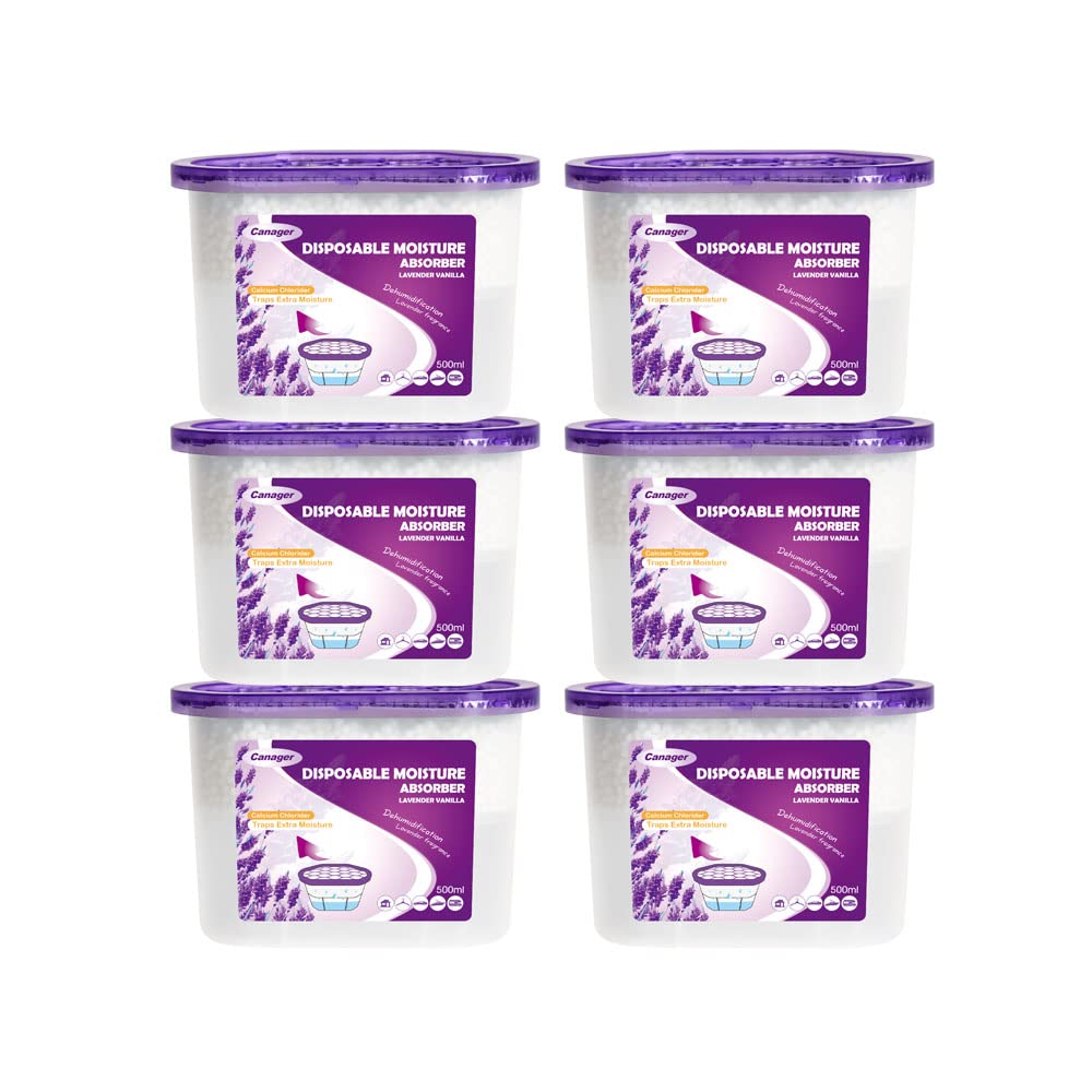 CANAGER Lavender Vanilla Moisture Absorber Box,Odor Eliminator and Dehumidifier Boxes for Closet,Bedroom,Kitchen,Bathroom-6 Packs,Cups - Traps Moisture for Fresher, Cleaner Air Purple