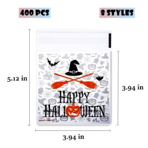 NB 400 Pcs Halloween Candy Bags, Self Adhesive Trick or Treat Cookie Bags for Party Gift Supplies, Cellophane Halloween Goodie Bags (12 oz,8 Styles)