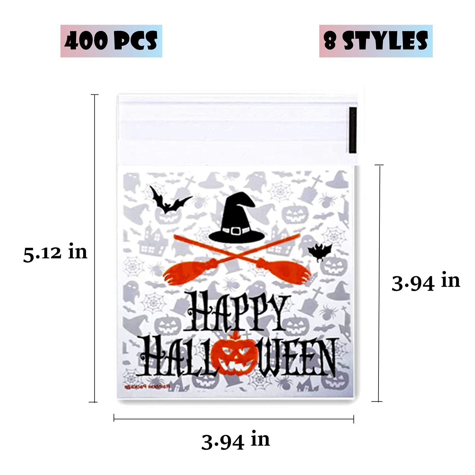 NB 400 Pcs Halloween Candy Bags, Self Adhesive Trick or Treat Cookie Bags for Party Gift Supplies, Cellophane Halloween Goodie Bags (12 oz,8 Styles)