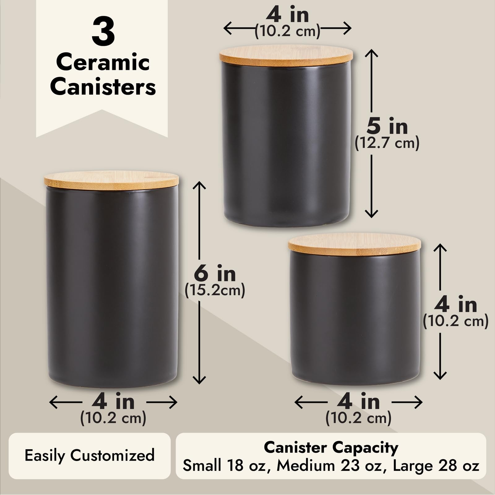 Farmlyn Creek Set of 3 Matte Black Kitchen Canister with Airtight Wooden Bamboo Lids, Kitchen Counter Containers, Food Storage Jars, Ideal for Storing Sugar, Coffee and Other Dry Goods, (3 Sizes)