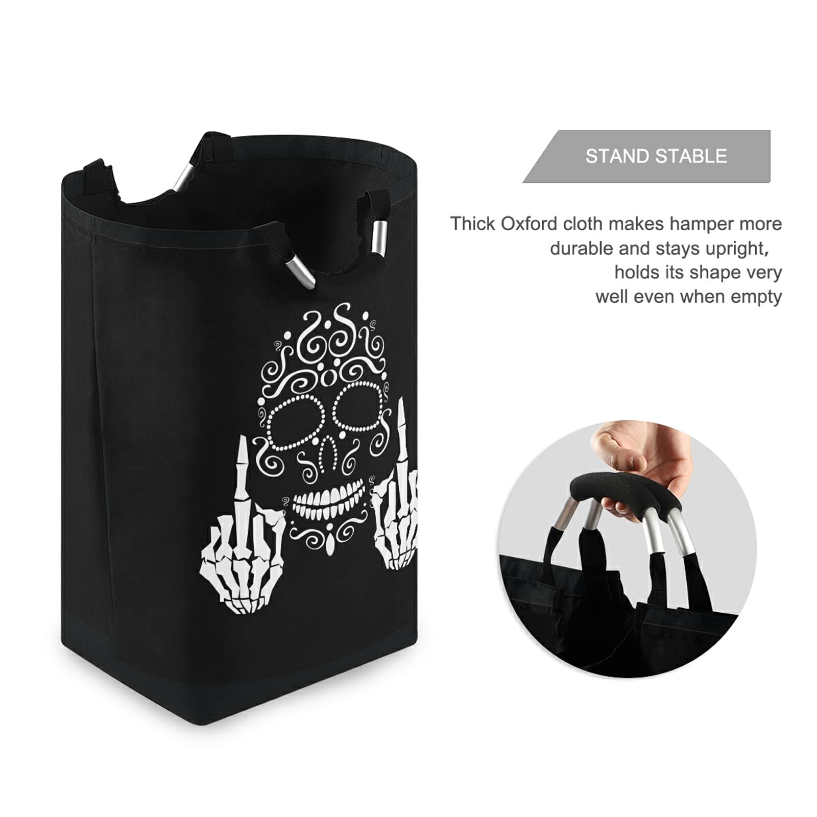 White Sugar Skull with Middle Finger Up Rock Roll on Black Laundry Hamper Basket Bucket, Foldable Dirty Clothes Bag, Waterproof Fabric Washing Bin, Toy Storage with Handles for Bathroom