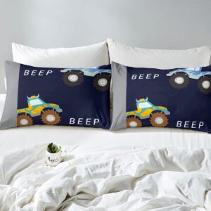 3D Monster Truck Bed Sheet Set Boys Cars Fitted Sheet & Pillow Sham Set for Kids Girls Teens Freestyle Monster Truck Decor Bedding Sheets Blue with 2 Pillowcases 3Pcs Bedding Full