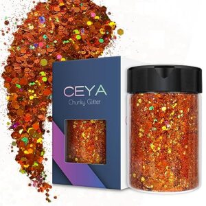 ceya holographic chunky glitter, 4.9oz/ 140g orange craft glitter powder mixed chunky & fine flakes iridescent nail sequins for nail art, hair, epoxy resin, tumblers, slime, painting, festival decor