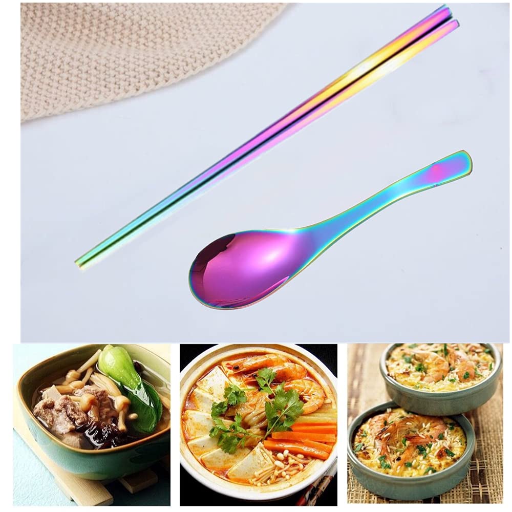 Chinese Metal Soup Spoons and Chopsticks Set for 4 People, Reusable Stainless Steel Ramen Short Handle Spoon Set Asian, Christmas Gift Dishwasher Safe (Rainbow)