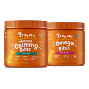 zesty paws calming bites for dogs - anxiety composure relief with suntheanine + omega bites soft chews - with alaskomega for epa & dha omega-3 fatty acids to support normal skin moisture