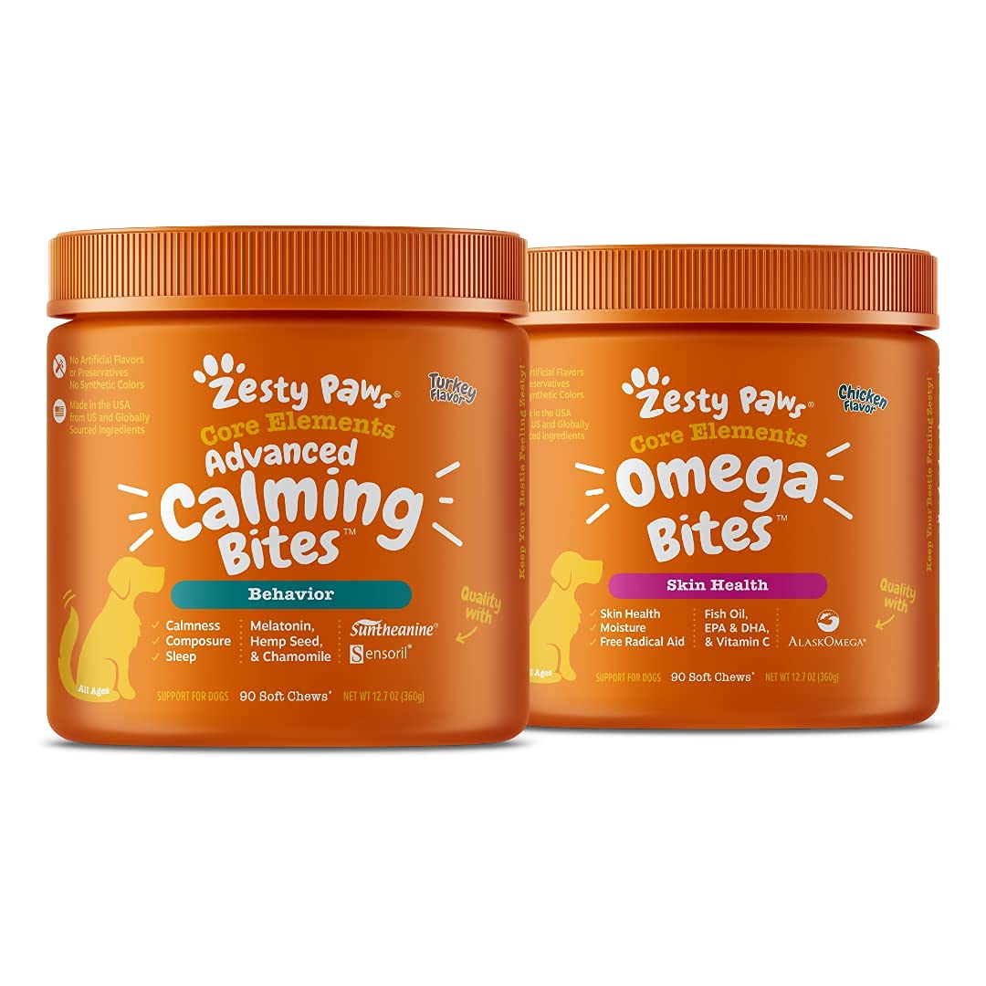 Zesty Paws Calming Bites for Dogs - Anxiety Composure Relief with Suntheanine + Omega Bites Soft Chews - with AlaskOmega for EPA & DHA Omega-3 Fatty Acids to Support Normal Skin Moisture