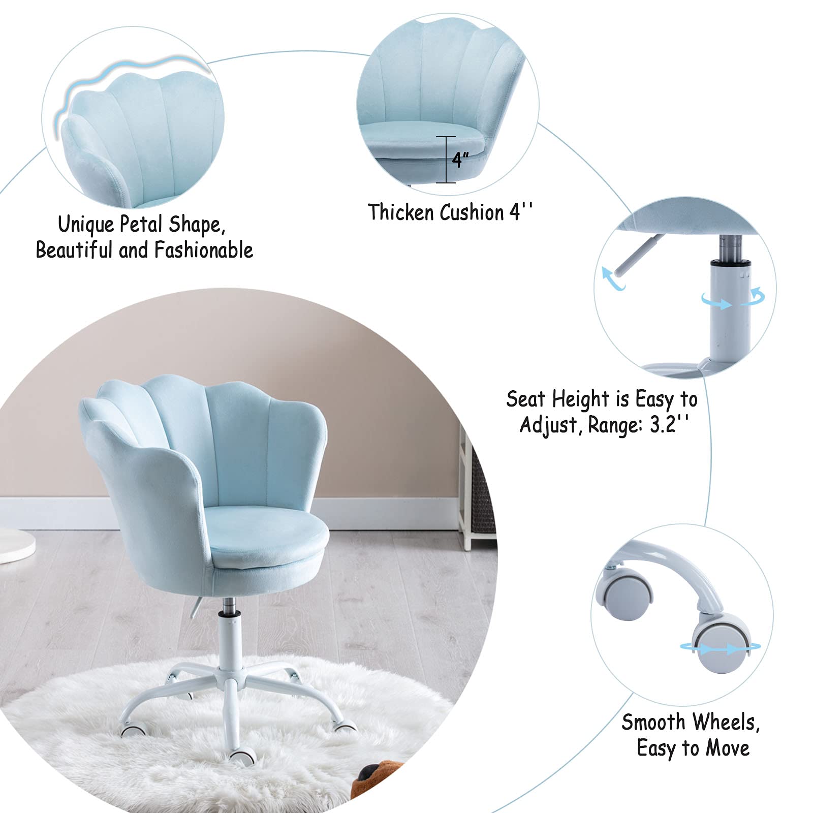 Cute Kids Desk Chair Velvet Adjustable Task Chair Swivel Vanity Chair Child Computer Chair for Girls Bedroom/Study Room/Make Up, Light Blue