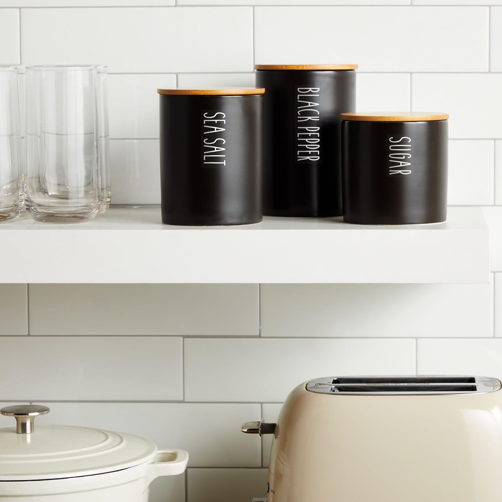 Farmlyn Creek Set of 3 Matte Black Kitchen Canister with Airtight Wooden Bamboo Lids, Kitchen Counter Containers, Food Storage Jars, Ideal for Storing Sugar, Coffee and Other Dry Goods, (3 Sizes)