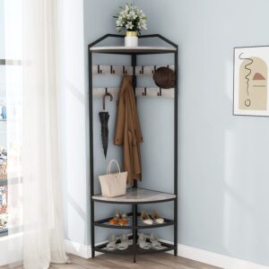 giftgo grey corner hall tree with shoe bench entryway coat rack with 10 metal movable hooks rustic farmhouse floorstanding clothes rack shoes shelf organizer for home office bedroom (greige)