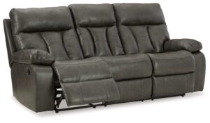 signature design by ashley willamen modern tufted faux leather reclining sofa with a drop down table, dark gray