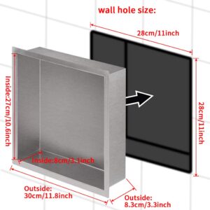 Sanbege 12"×12" Shower Niche Brushed Stainless Steel, Recessed Shower Caddy, Bathroom Shelf Insert Fits for 11"x11" Wall Hole Installation (Nickel)